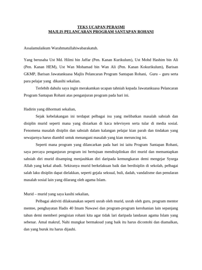 teks ucapan program santapan rohani | PDF