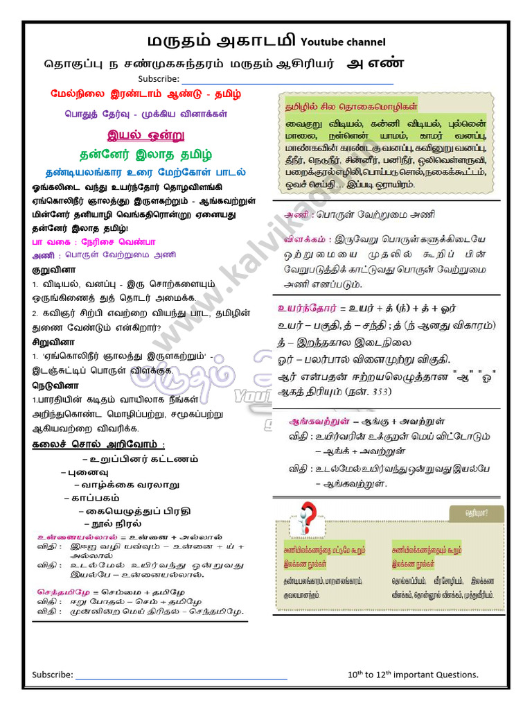 12th Tamil Public Important Question 2024 - 25 | PDF