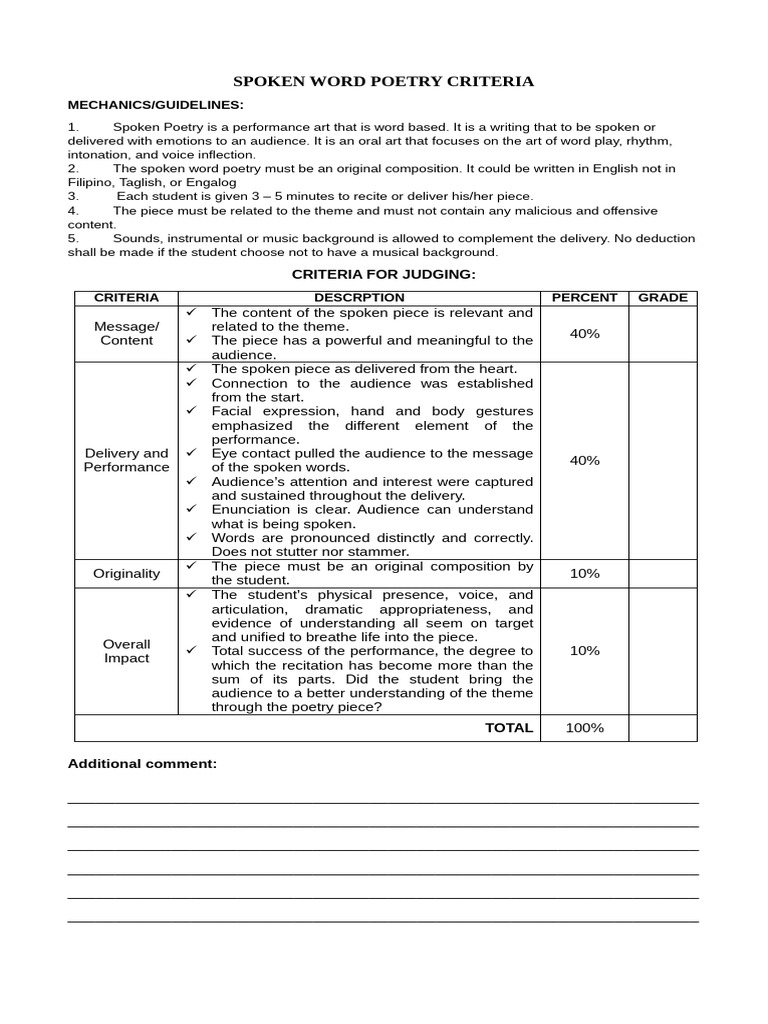 Spoken Word Poetry Guidelines & Criteria | PDF | Poetry | Human ...