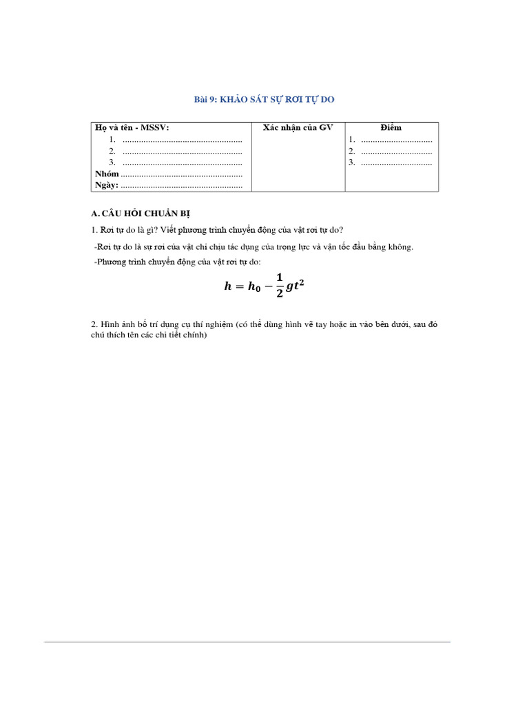 Khao Sat Su Roi Tu Do Bao Cao Thi Nghiem Mon Thi Nghiem Vat Ly 1 Truon 119448 | PDF