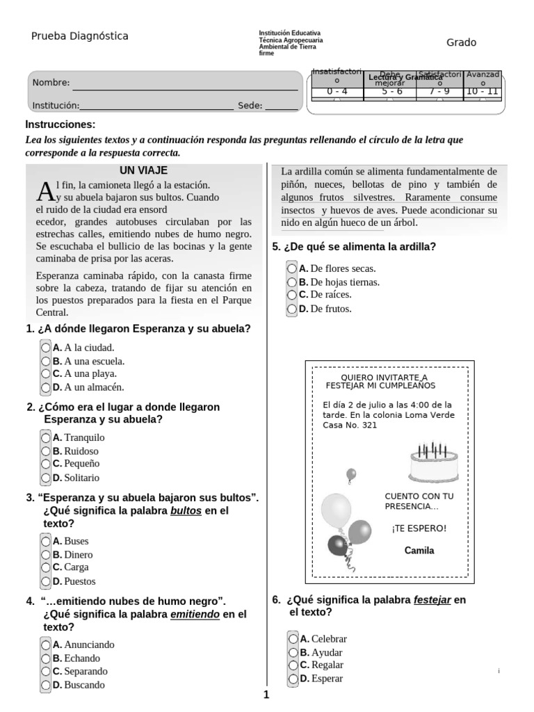 Prueba Diagnóstica 4º Español (2011) | PDF