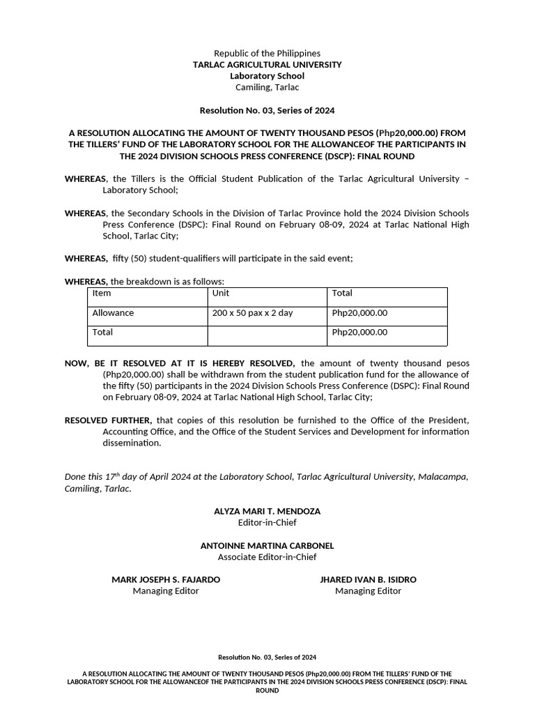 RESO FOR 2024 DSPC Finals Allowance | PDF