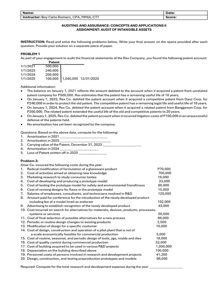 Audit & Intangible Assets Guide | PDF | Franchising | Book Value