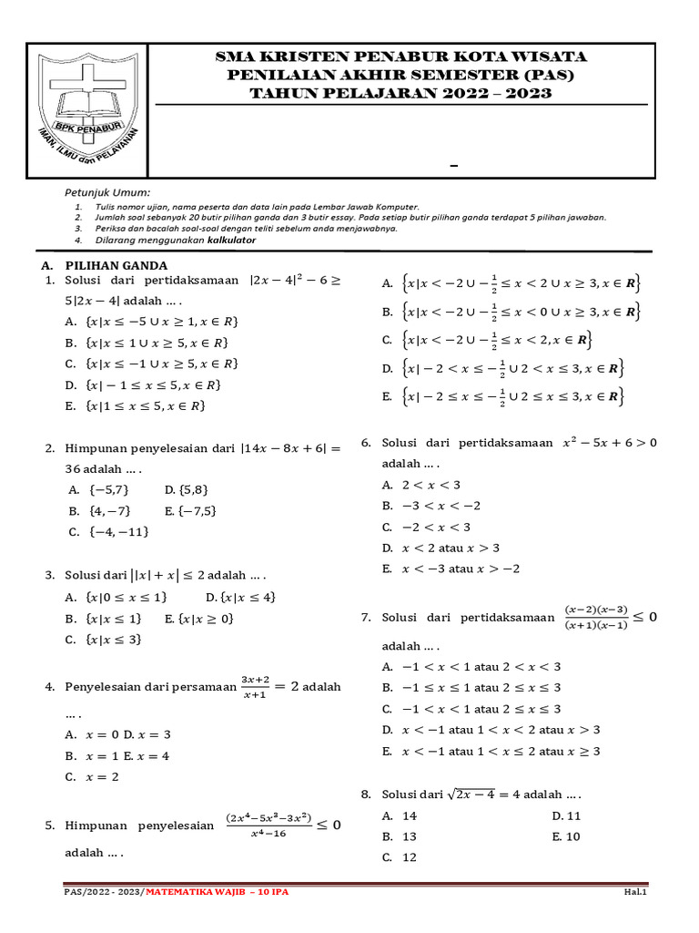 PAS Math Wajib X IPA - Soal Utama | PDF