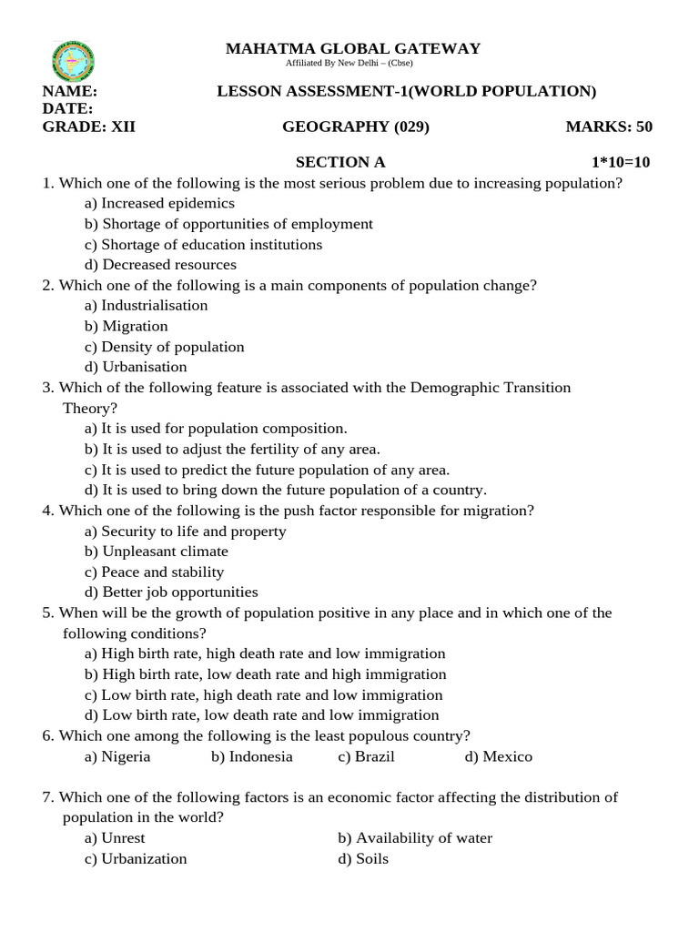 Lesson Assessment - 1 (World Population) | PDF | Human Migration ...