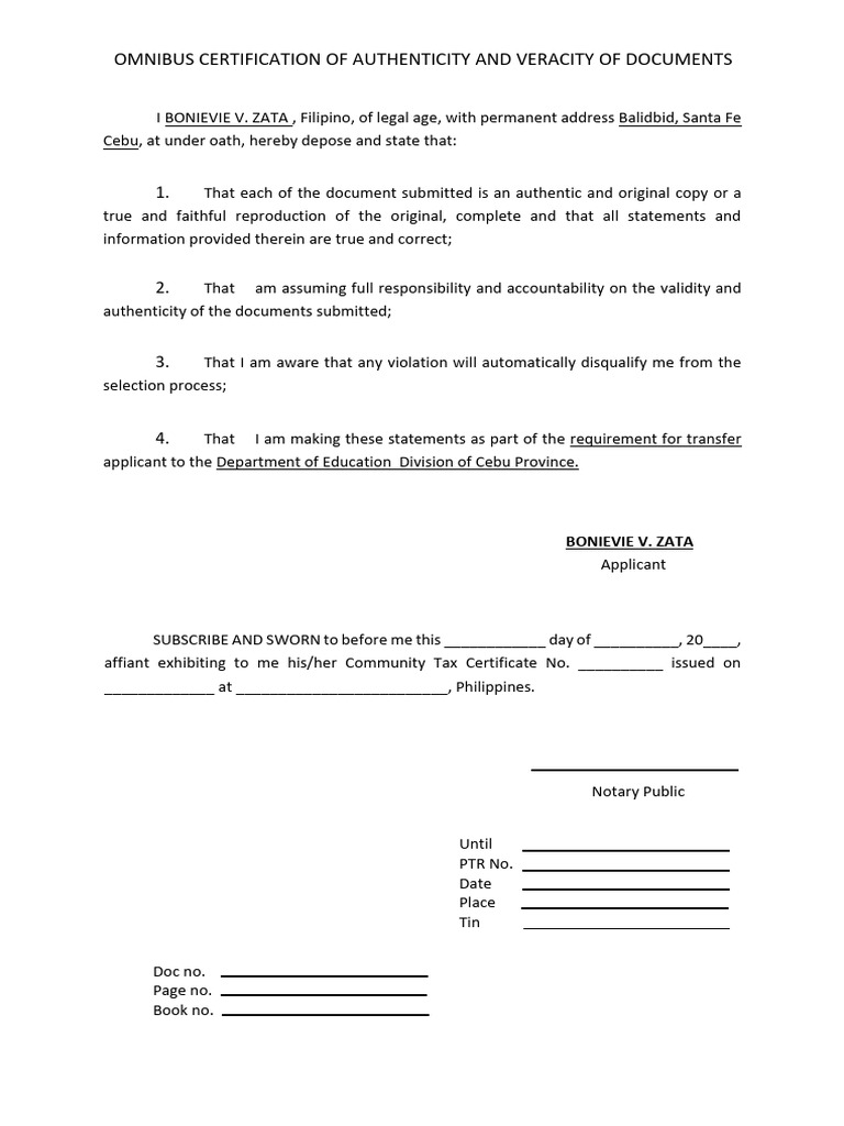 Zata Omnibus Certification of Authenticity and Veracity of Documents 1 ...
