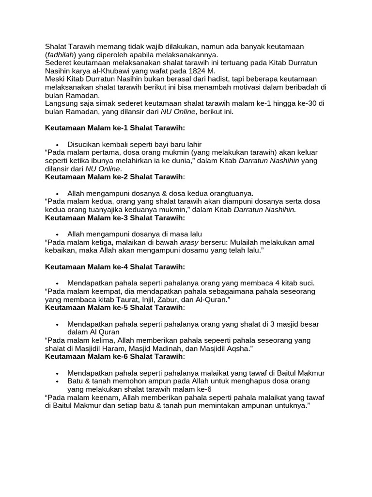 Fadhilah Sholat Tarawih | PDF