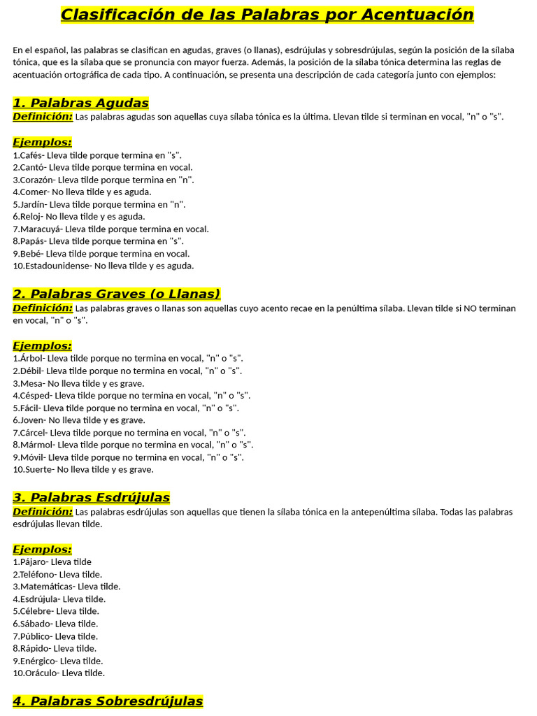 Clasificación de Las Palabras Por Acentuación | PDF | Fonética ...