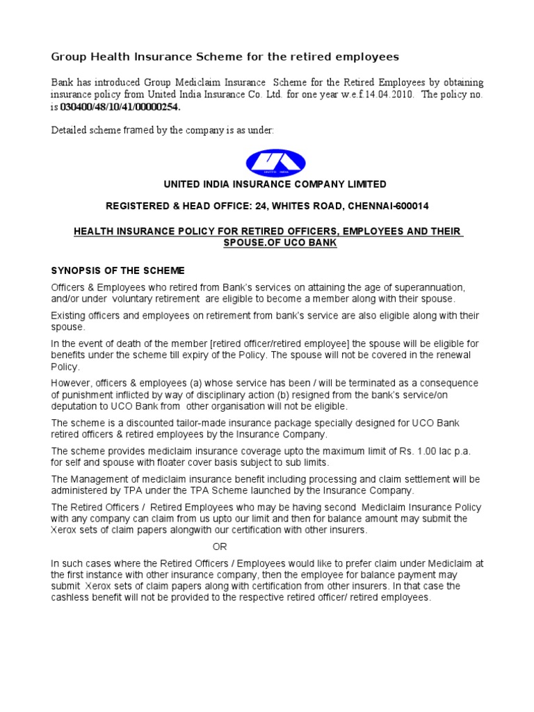 Group Mediclaim Scheme for Retirees | Insurance | Hospital
