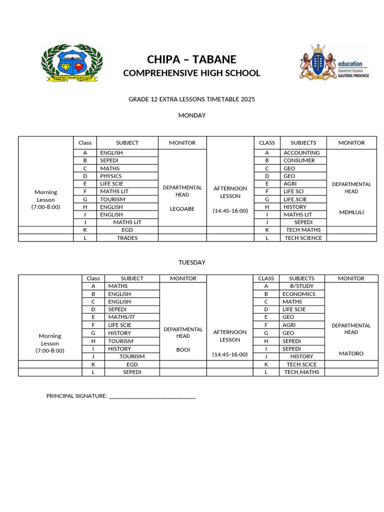 Timetable Grade 12 Extra Classes 2025 January Updated | PDF