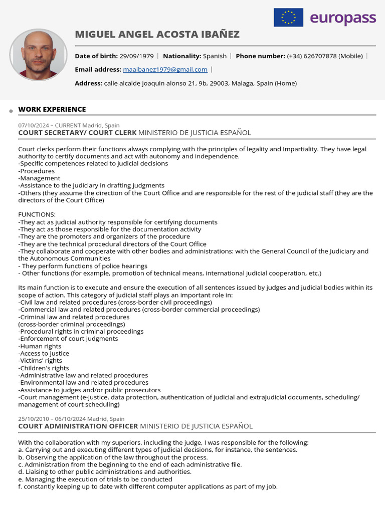 Miguel Angel Acosta Ibañez: Court Clerk Profile | PDF | Judgment (Law ...