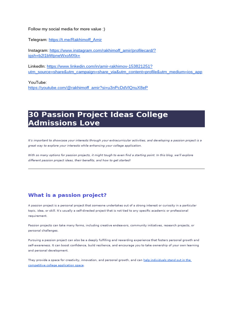 30 Passion Project Ideas College Admissions Love | PDF | Creativity ...