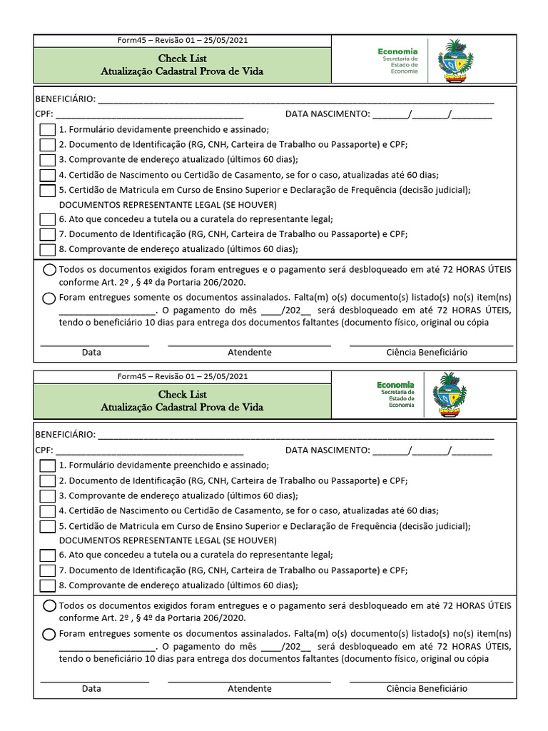 Prova de Vida - CheckList | PDF | Governo e personalidade