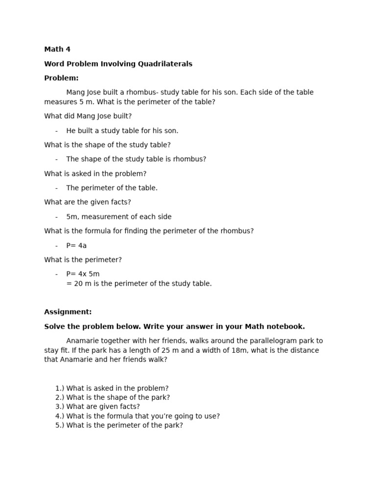 Math 4 Problem Solving Involving Quadrilaterals | PDF