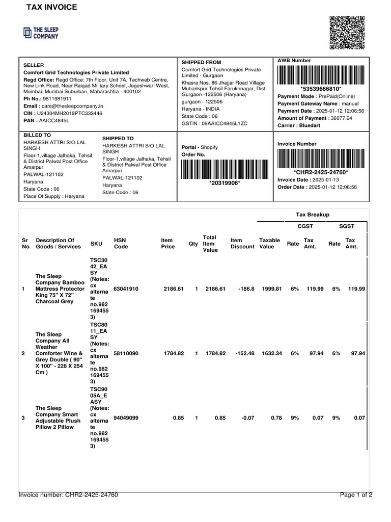 Tax Invoice for Harkesh Attri Purchase | PDF | Taxation | Government ...