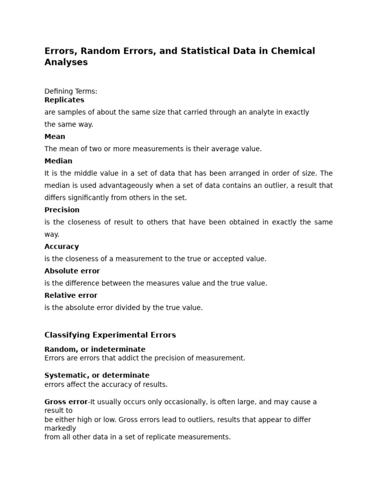 Errors, Random Errors, and Statistical Data in Chemical Analyses | PDF