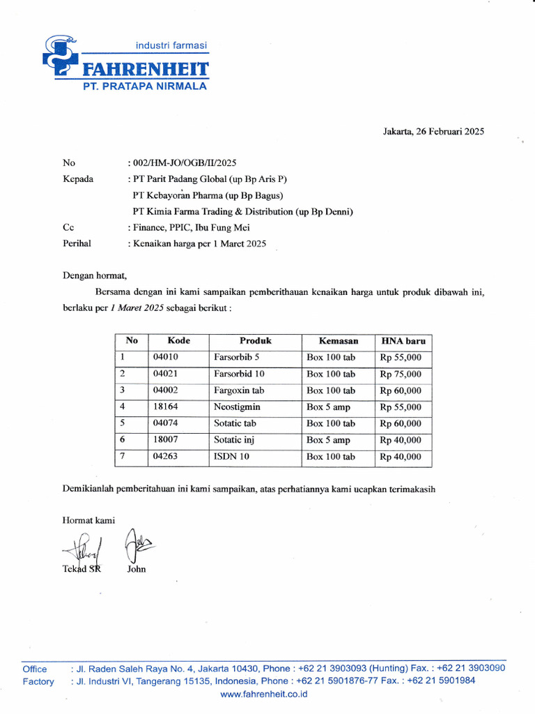 Surat kenaikan harga OGB Mar 25 | PDF