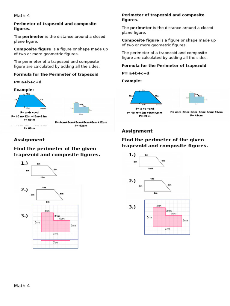 Math 4 Perimeter of Trapezoid and Composite Figures | PDF