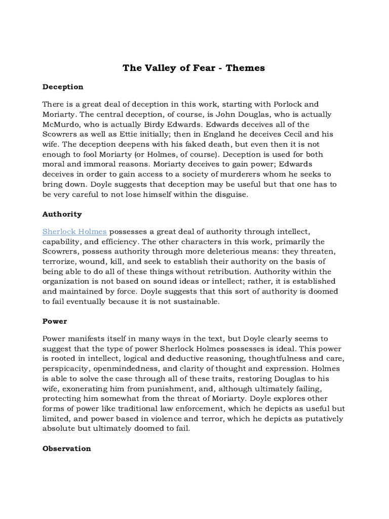 The Valley of Fear Themes | PDF | Sherlock Holmes | The Valley Of Fear