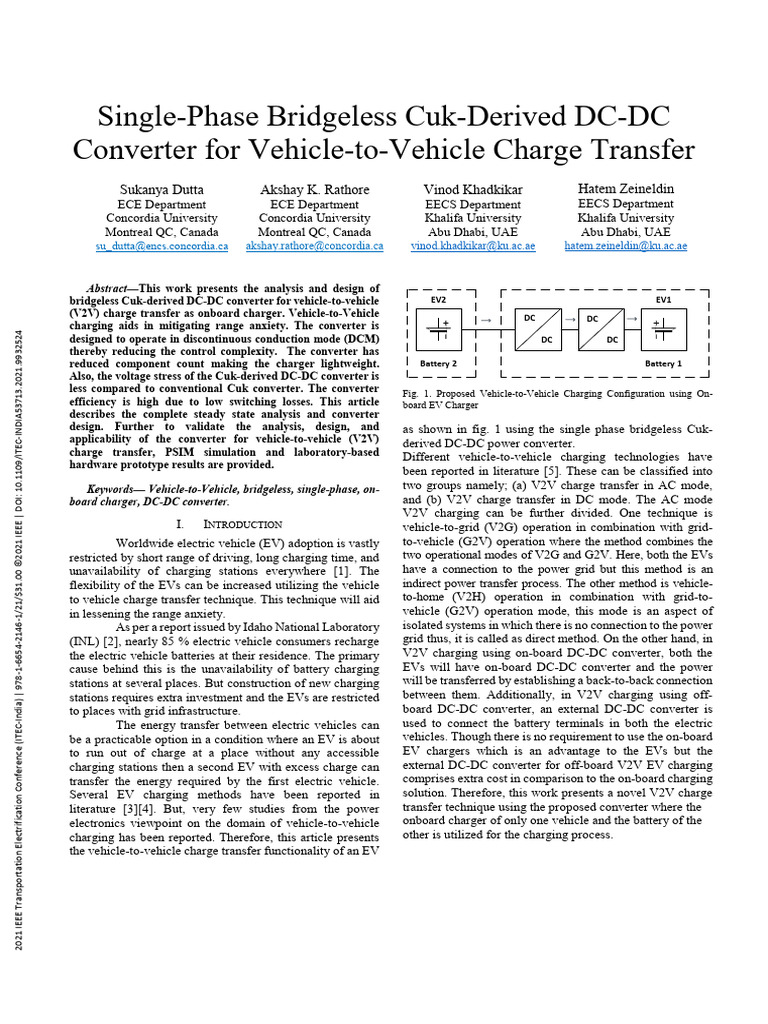 Bridgeless Cuk DC-DC Converter for V2V Charging | PDF | Computer ...