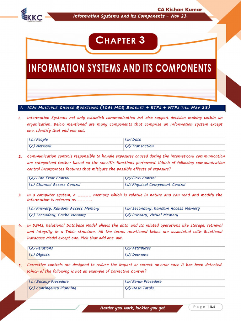 MCQs - CH 3 Information Systems & Its Components - Done | PDF | Databases | Computer Data Storage