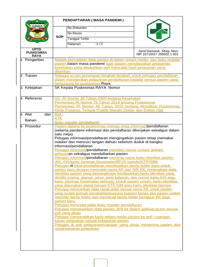 7.1.1.7 SOP PENDAFTARAN - Perbaikan | PDF
