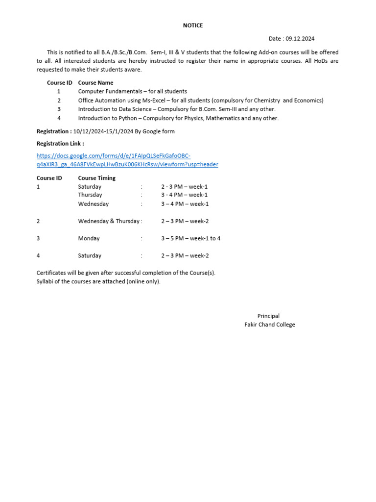 Notice For Add-On Course | PDF | Spreadsheet | Microsoft Excel