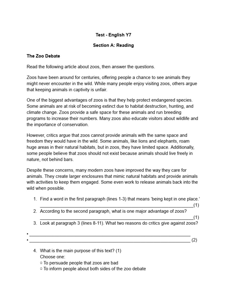 Test - English Y7 (4) | PDF | Zoo | Zoology