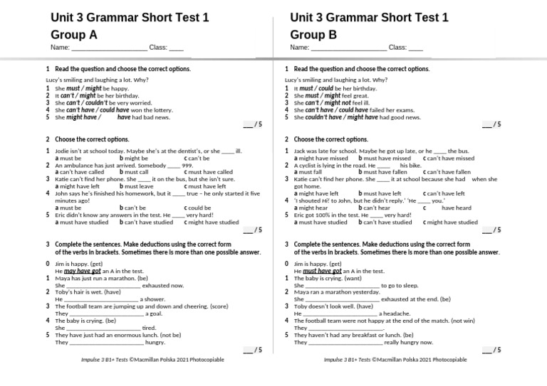 Unit 3 Grammar Short Test 1 A+b | PDF