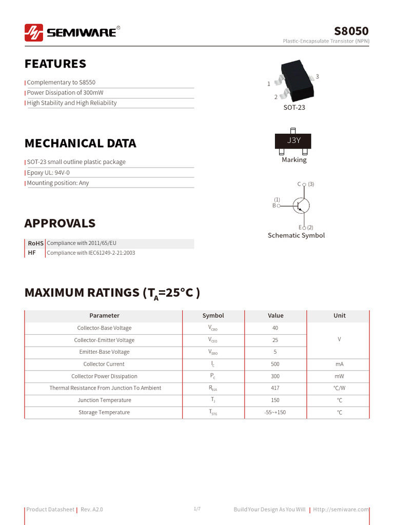 S8050 Transistor Datasheet | PDF | Bipolar Junction Transistor | Semiconductors