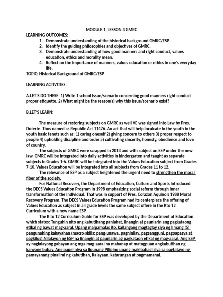 MODULE 1, lesson 3 GMRC | PDF | Etiquette | Liberal Arts Education