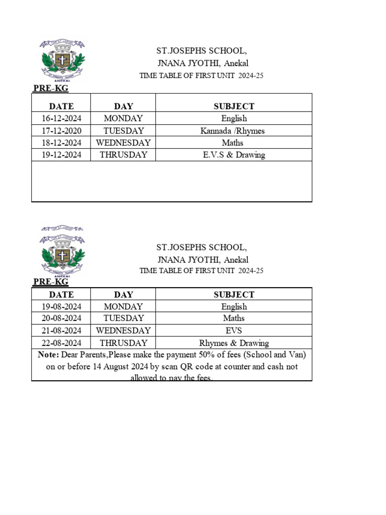 Time Table Fa 1 for Lkg Ukg and Prekg (副本) | PDF