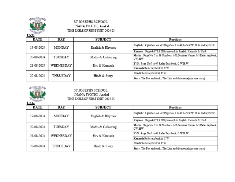 UKG First Unit Time Table 2024-25 | PDF | Educational Materials | Book ...