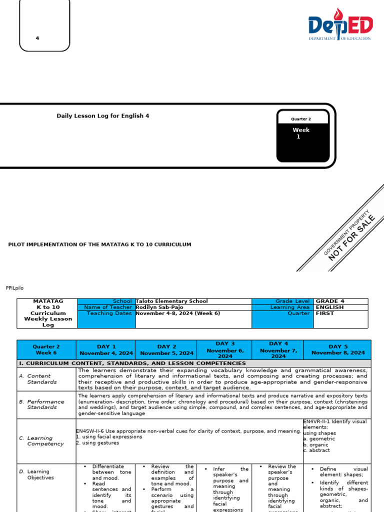 MatatagDLL ENGLISH 4 Q2 W6 | PDF | Shape | Nonverbal Communication