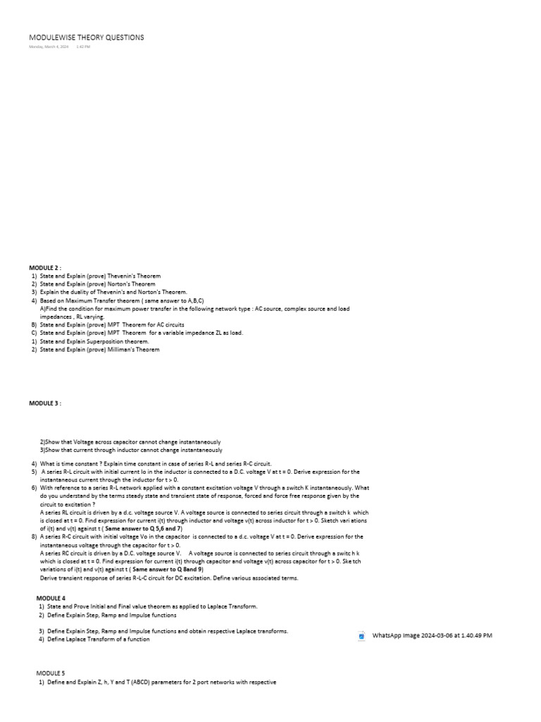 Modulewise Theory Questions - Na | PDF | Electrical Network | Network Analysis (Electrical Circuits)