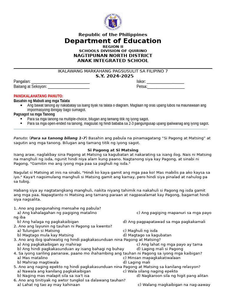FIL 7 Q2-Exam-PISA (50 Items) | PDF