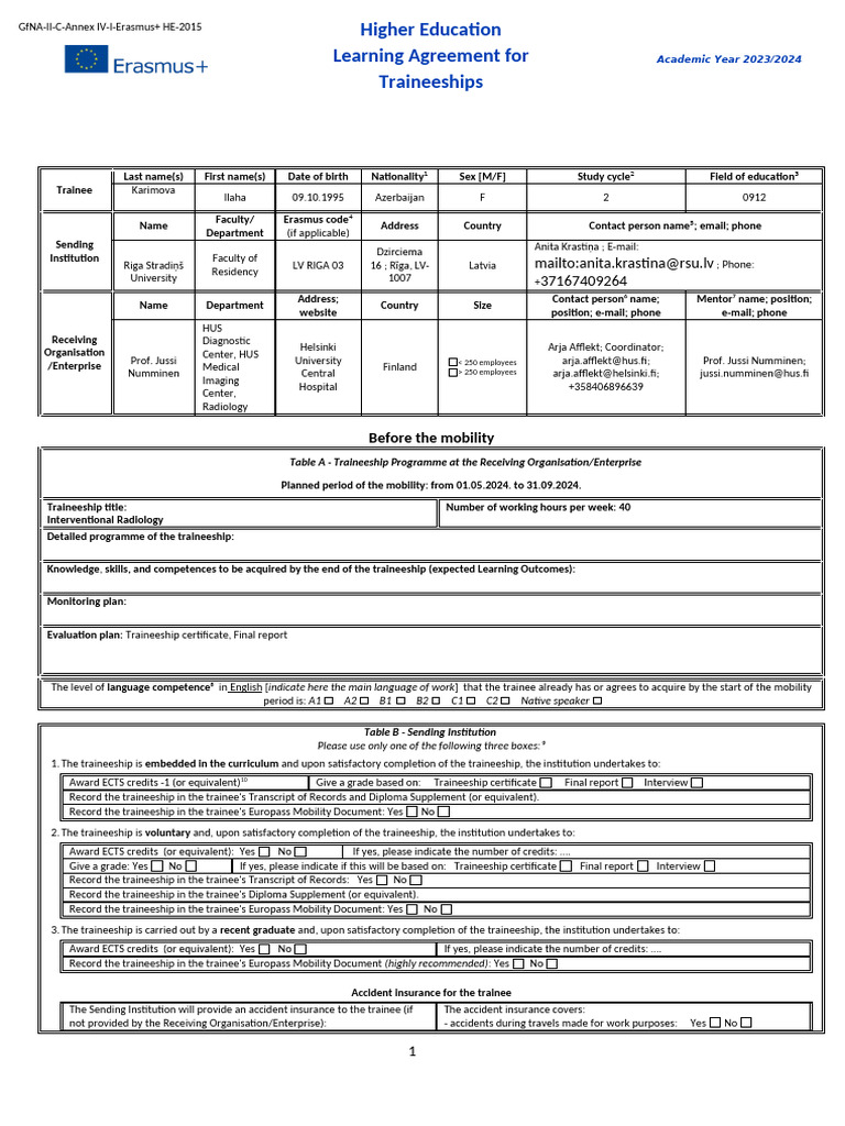 11 HE-Learning Agreement Traineeships Karimova | PDF | Academic Degree ...