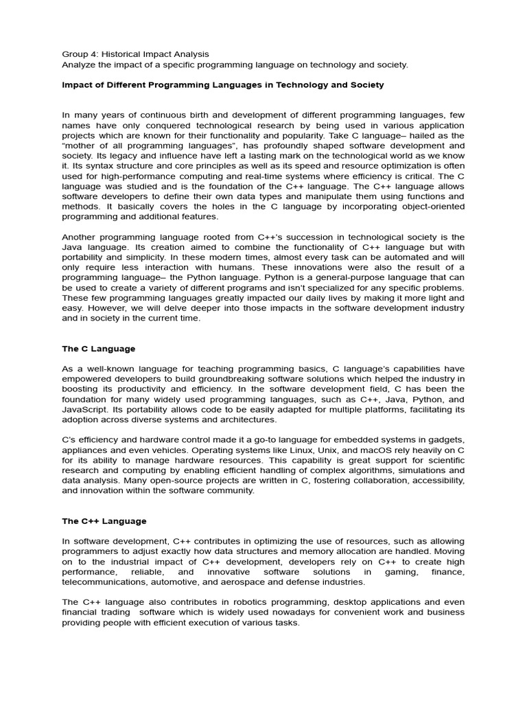 Group 4_ Historical Impact Analysis_PL1 | PDF | Computer Programming | Programming Language