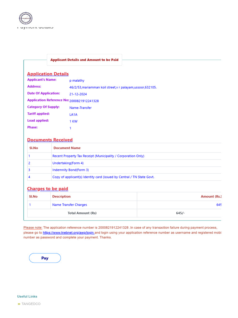 TANGEDCO - Application Portal | PDF