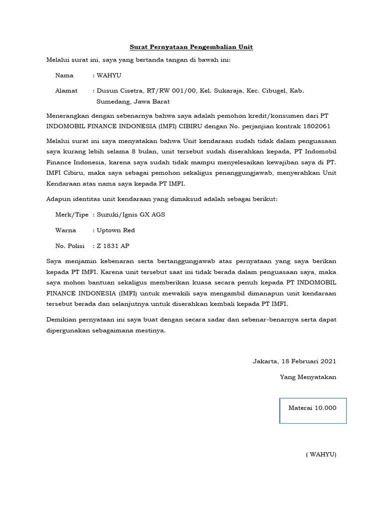 Surat Pernyataan Pengembalian Unit Wahyu | PDF