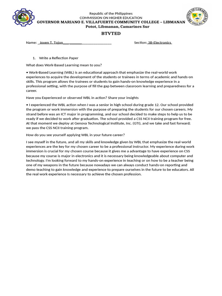 Work-Based Learning Reflection Insights | PDF