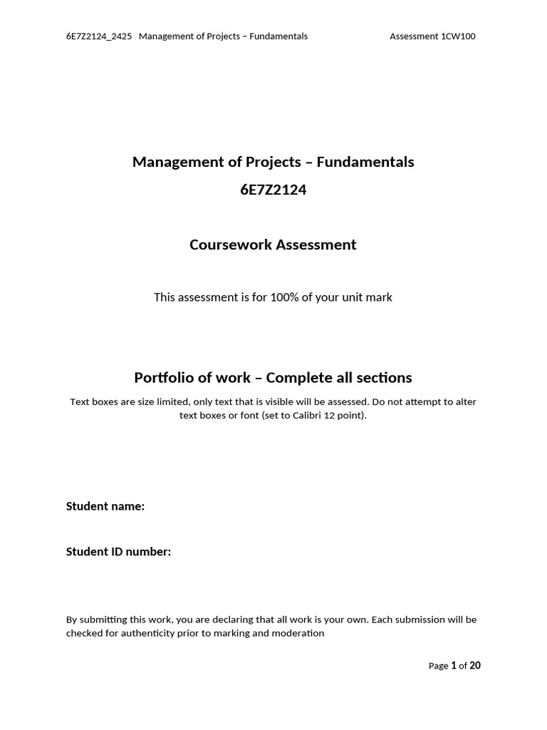 Assessment Portfolio Template First Sit 2425 1 | PDF | Risk | Project ...