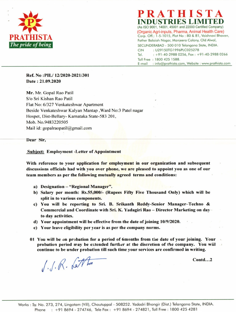 Gopal Rao Patil Appointment Letter | PDF
