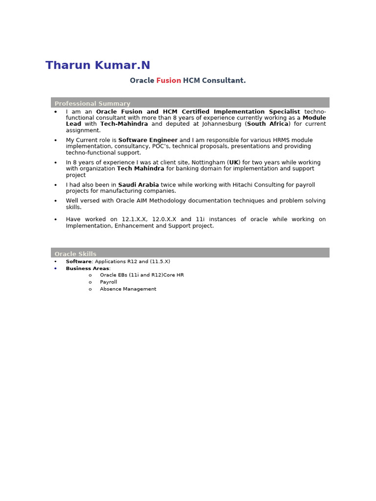 Tharun Kumar Oracle HCM Resume | PDF | Computing | Information Technology