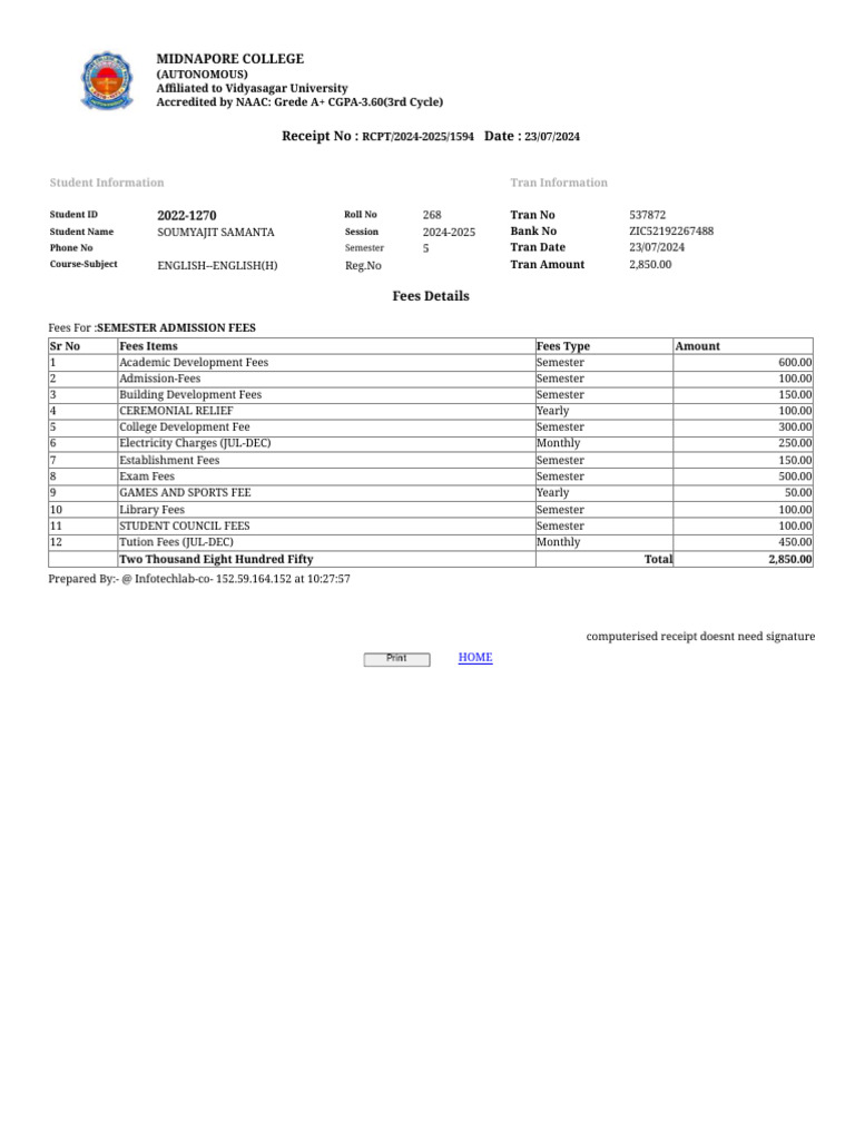 Soumyajit 5th Sem Receipt | PDF