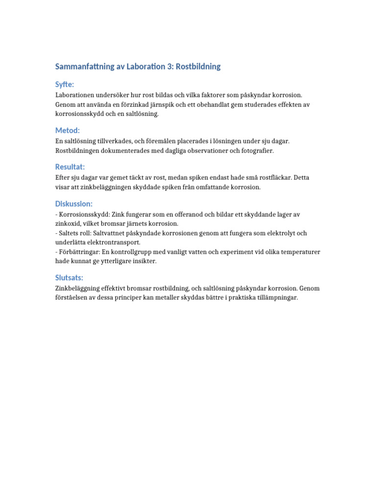 Laboration3 Rostbildning Sammanfattning | PDF