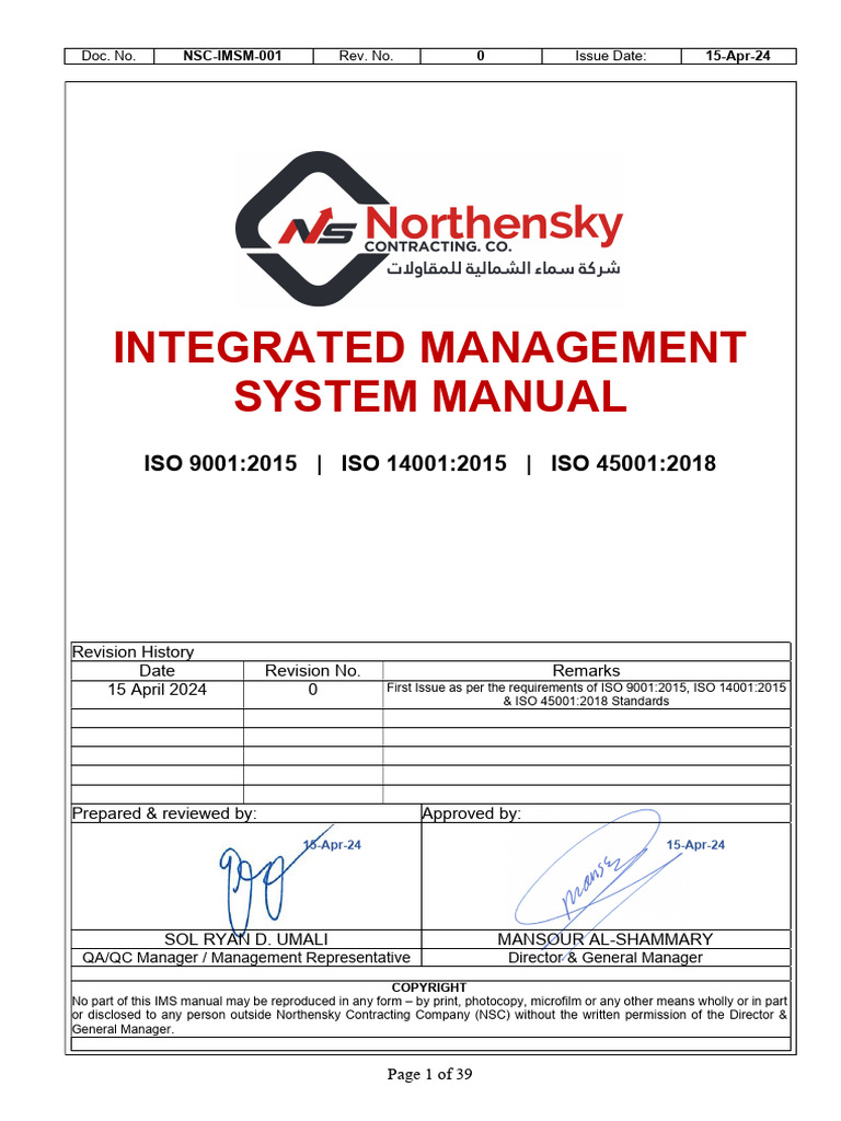 Integrated Management System Manual (Doc. No. NSC-IMSM-001 Rev. 0) by Northensky Contracting ...