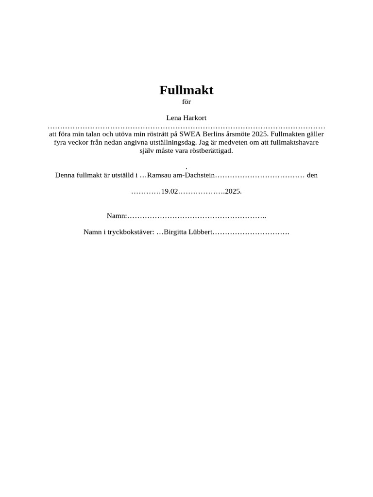 Fullmakt | PDF