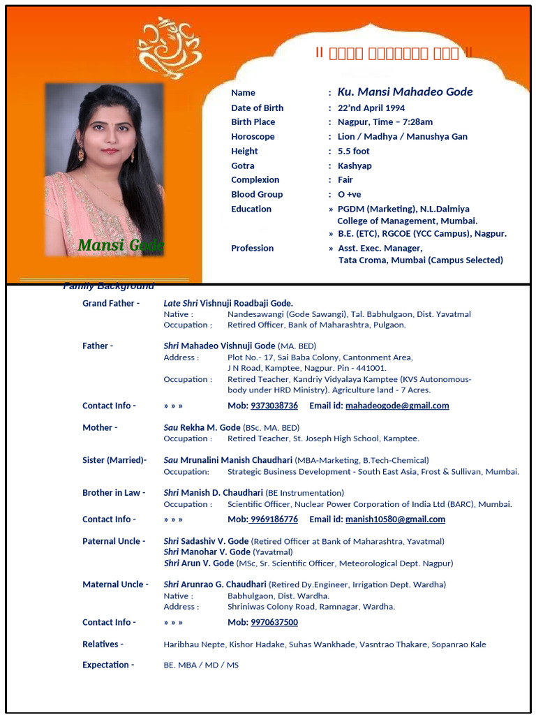 Mansi Marriage Biodata With Photo | PDF