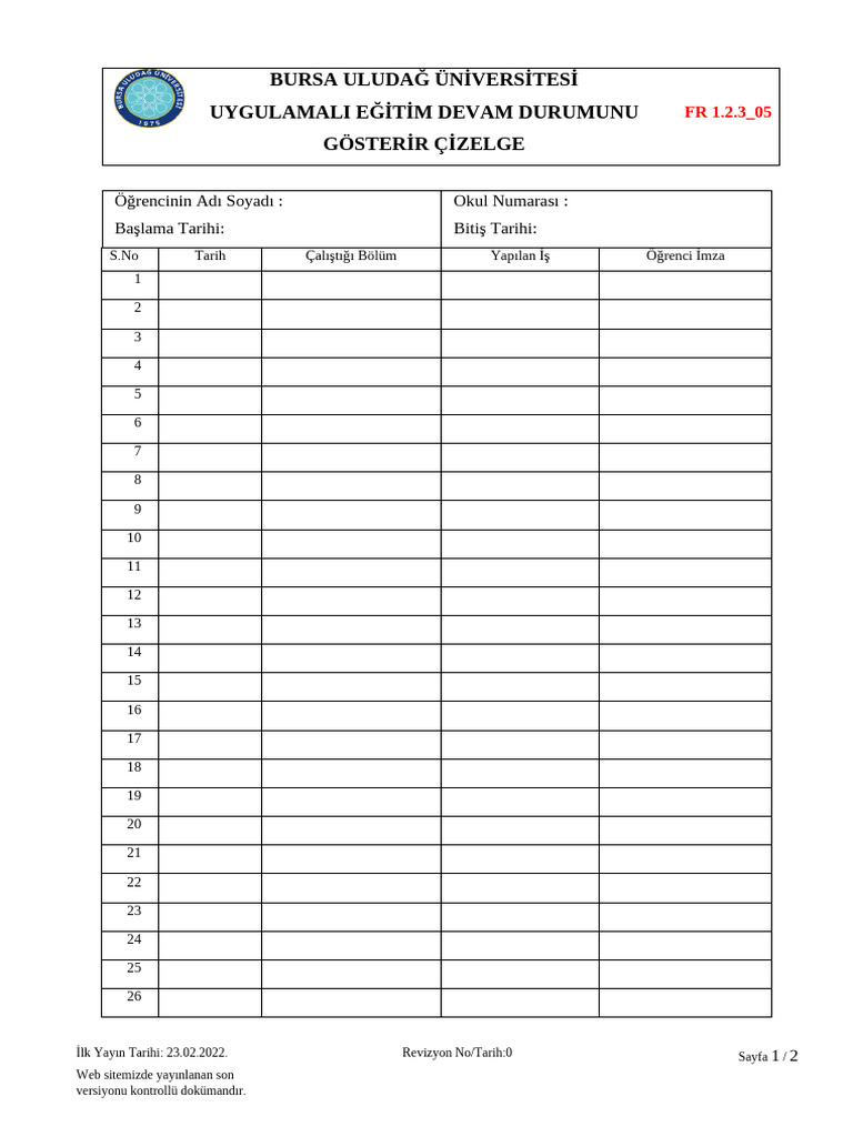 FR 123 05 Uygulamali Egitim Devam Durumunu Gosterir Cizelge Formu | PDF